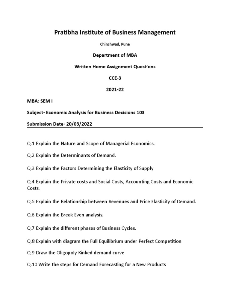 MBA Economics Assignment Questions | PDF
