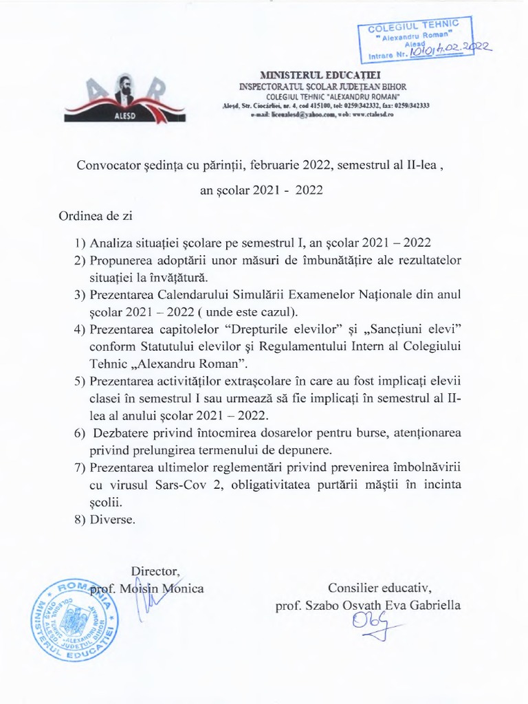 Convocator Sedinta Cu Parintii | PDF