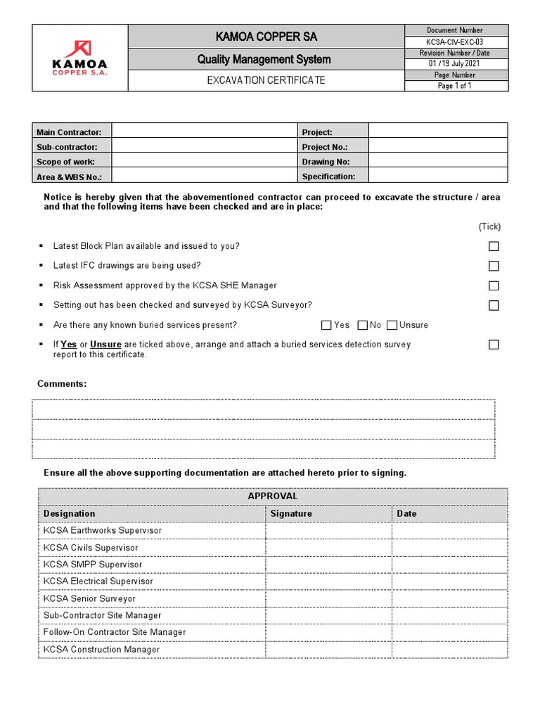 KCSA-CIV-EXC-03 - Excavation Certificate - Rev 1 | PDF
