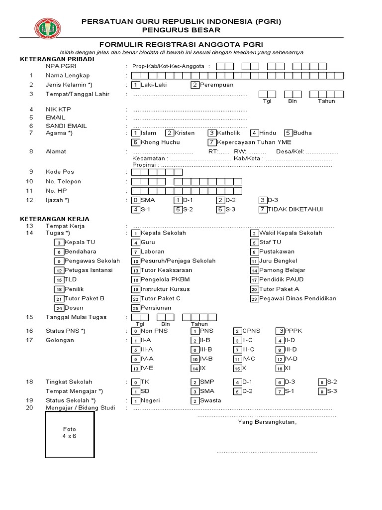 Formulir Registrasi Anggota Pgri | PDF