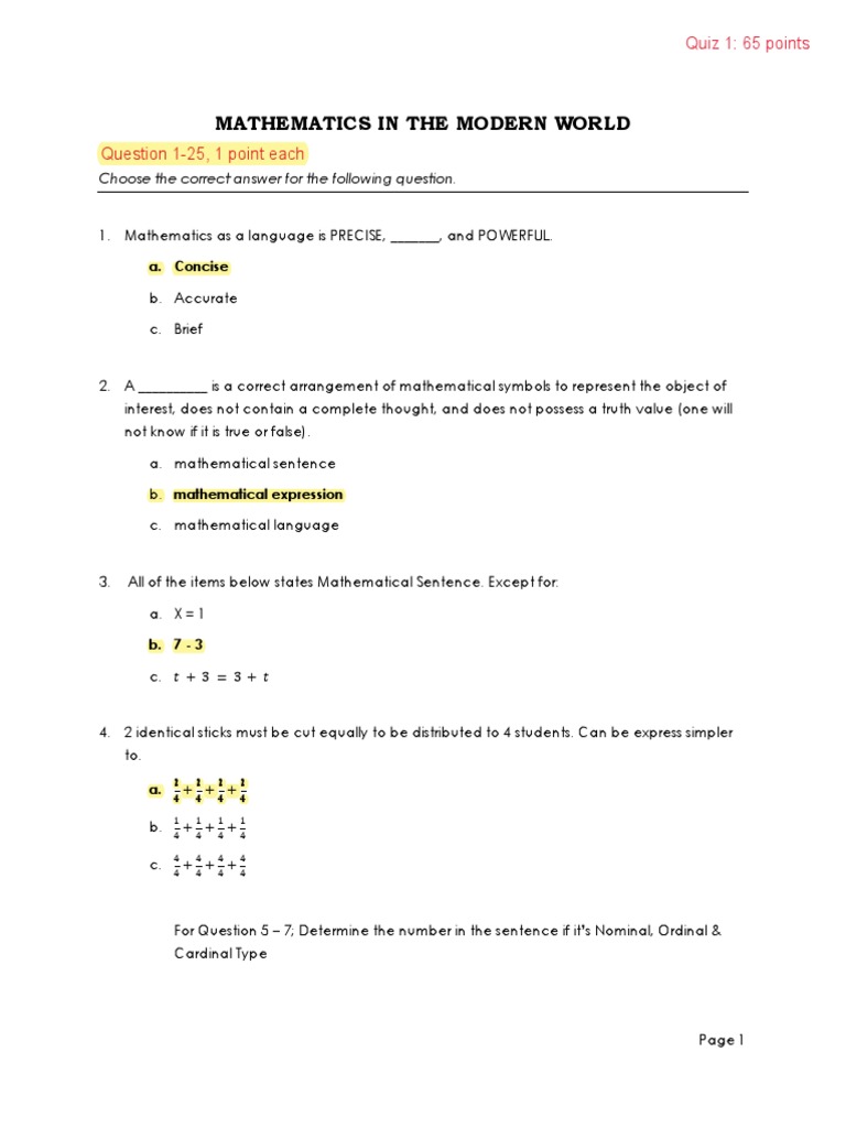 Math Quiz 1 Answer | PDF | Mathematics | First Order Logic