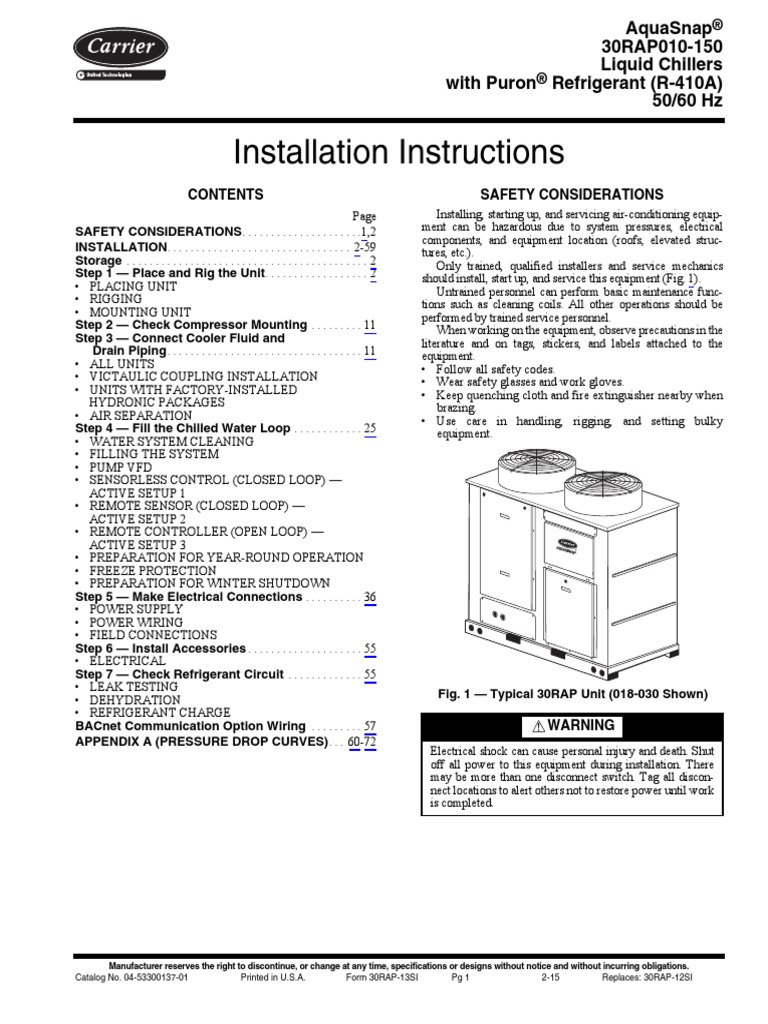 Carrier 30RAP Chiller Installation Manual | PDF | Pump | Heat Exchanger