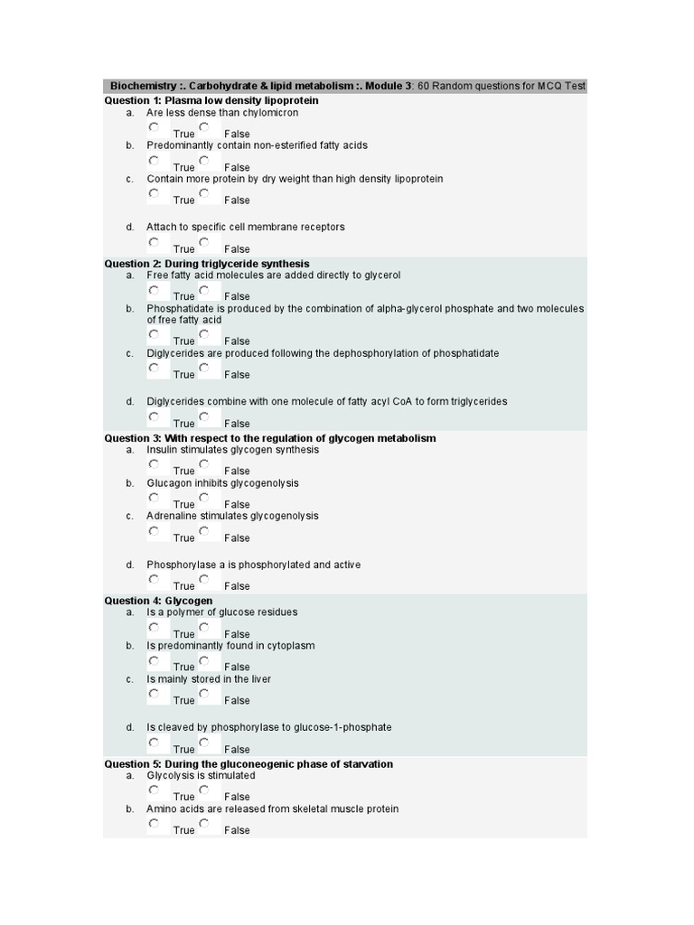 Biochemistry - Carbohydrate Lipid Metabolism - Module 3 60 Random ...