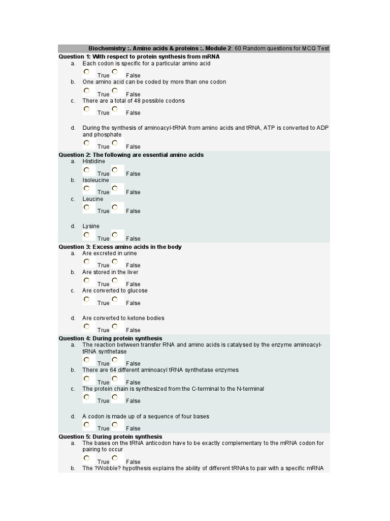 Biochemistry - Amino Acids Proteins - Module 2 60 Random Questions For ...
