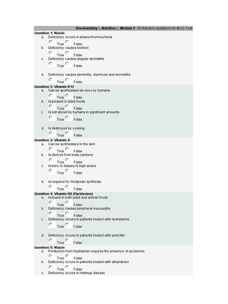 Biochemistry MCQs on Vitamins and Nutrition | PDF | Vitamin | Food And ...