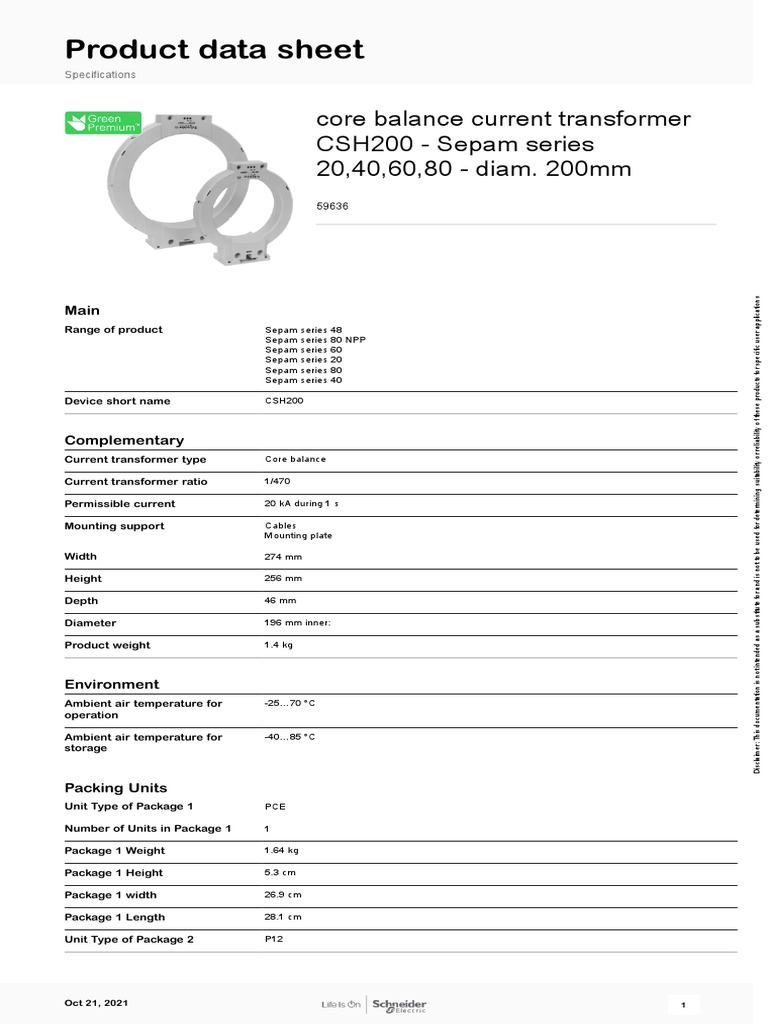 Core Balance Current Transformer CSH200 Product Data Sheet | PDF