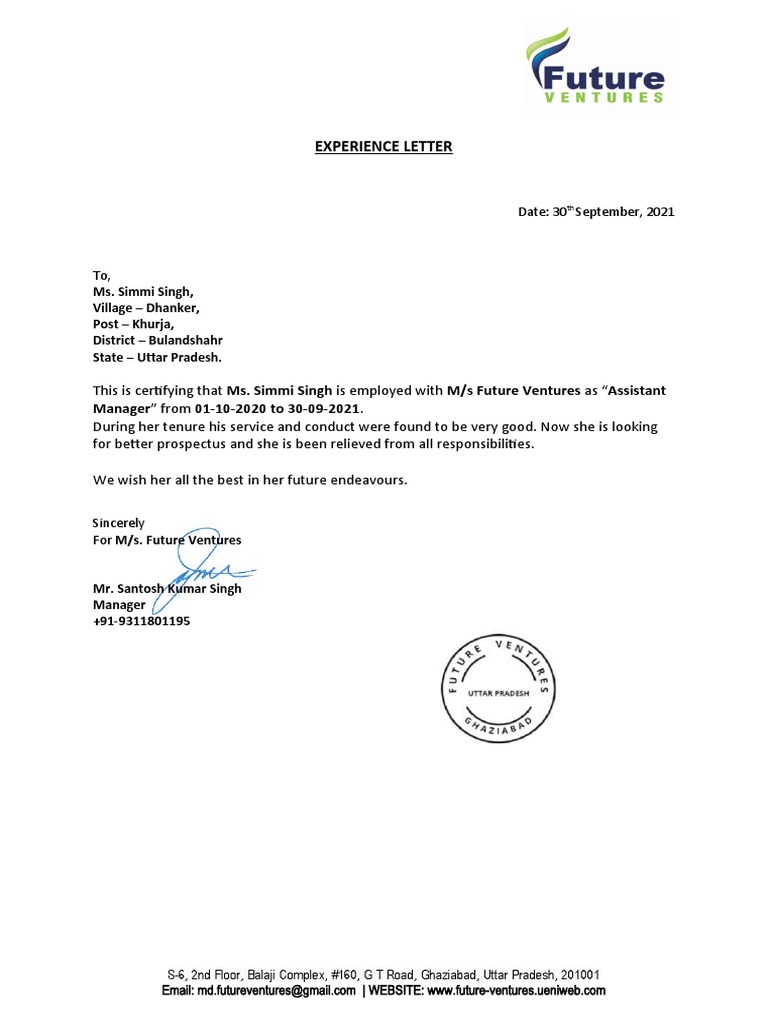 Experience Letter for Simmi Singh | PDF