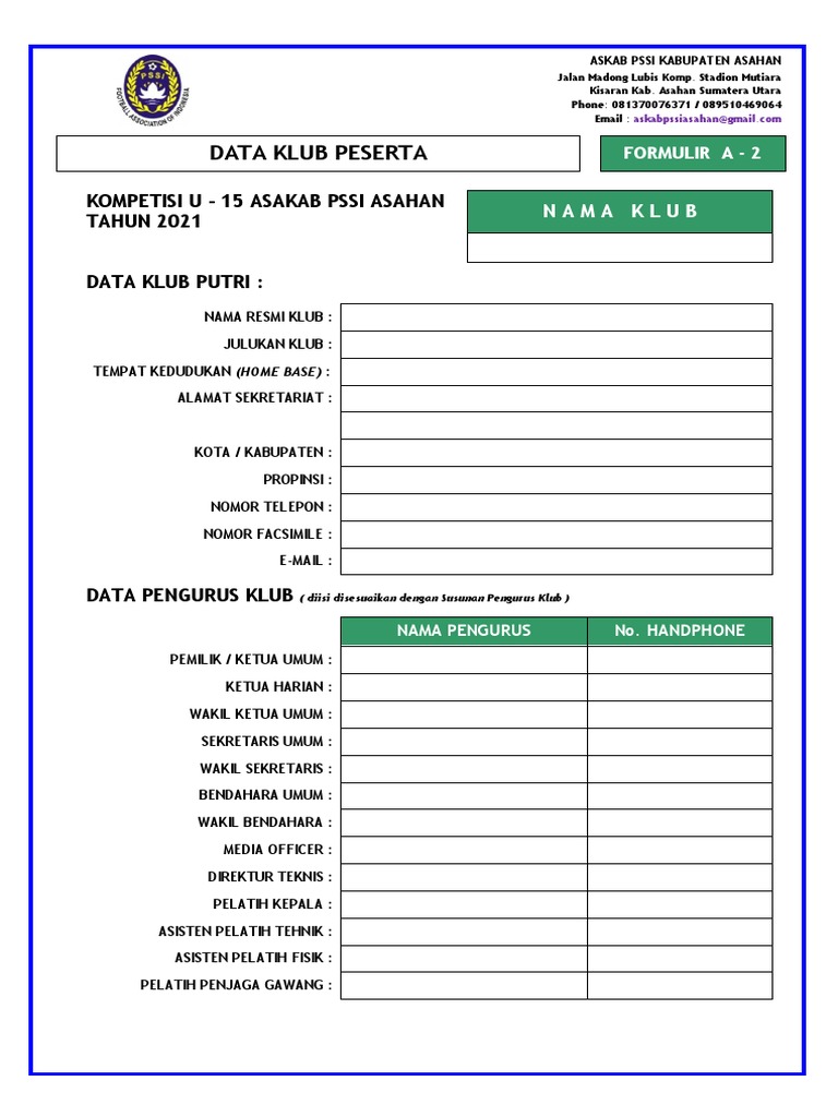 A2. Formulir Data Klub | PDF