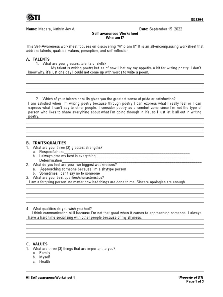 Self Awareness Worksheet 1 | PDF | Self Awareness | Psychology