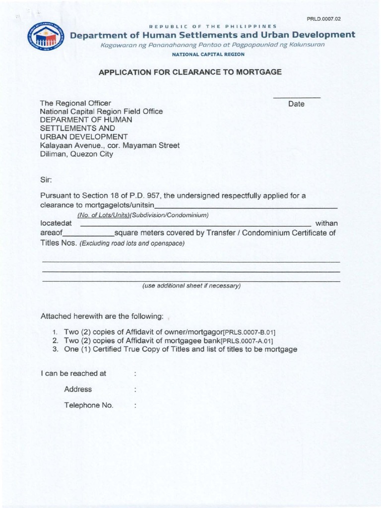 Clearance To Mortgage DHSUD | PDF