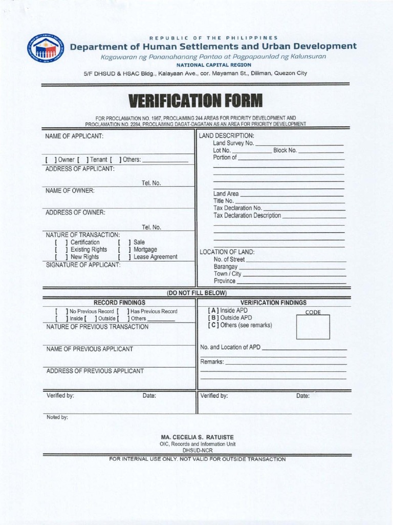 Verification Form (APD Certification) DHSUD | PDF | Property