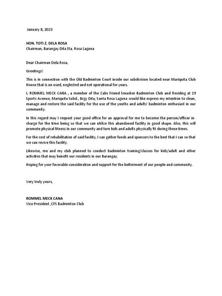 Request Letter To Manage Badminton Court Individual | PDF