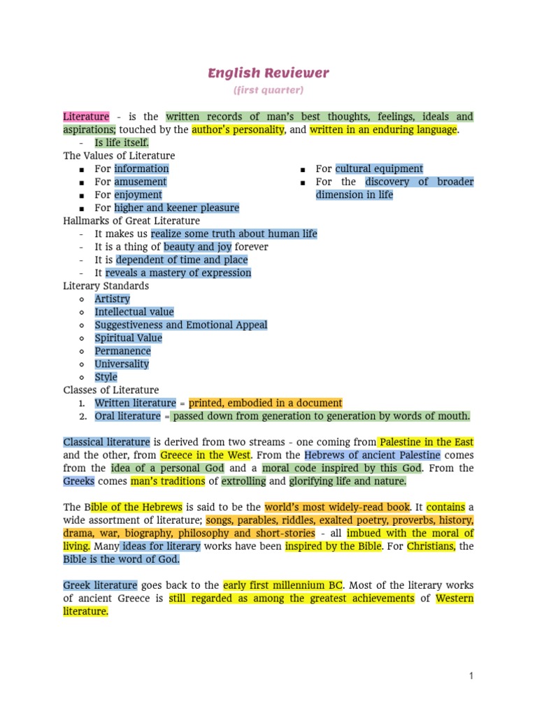 Grade 10 English 1st Quarter Reviewer | PDF | Psalms | Bible