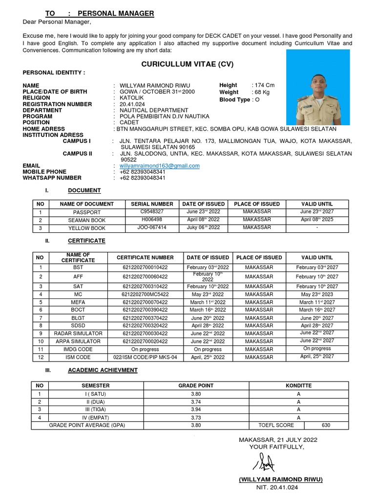 CV - Willyam Raimond Riwu - Deck Cadet | PDF