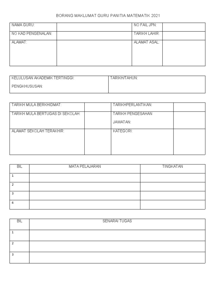 Borang Maklumat Guru Panitia Matematik 2018 | PDF