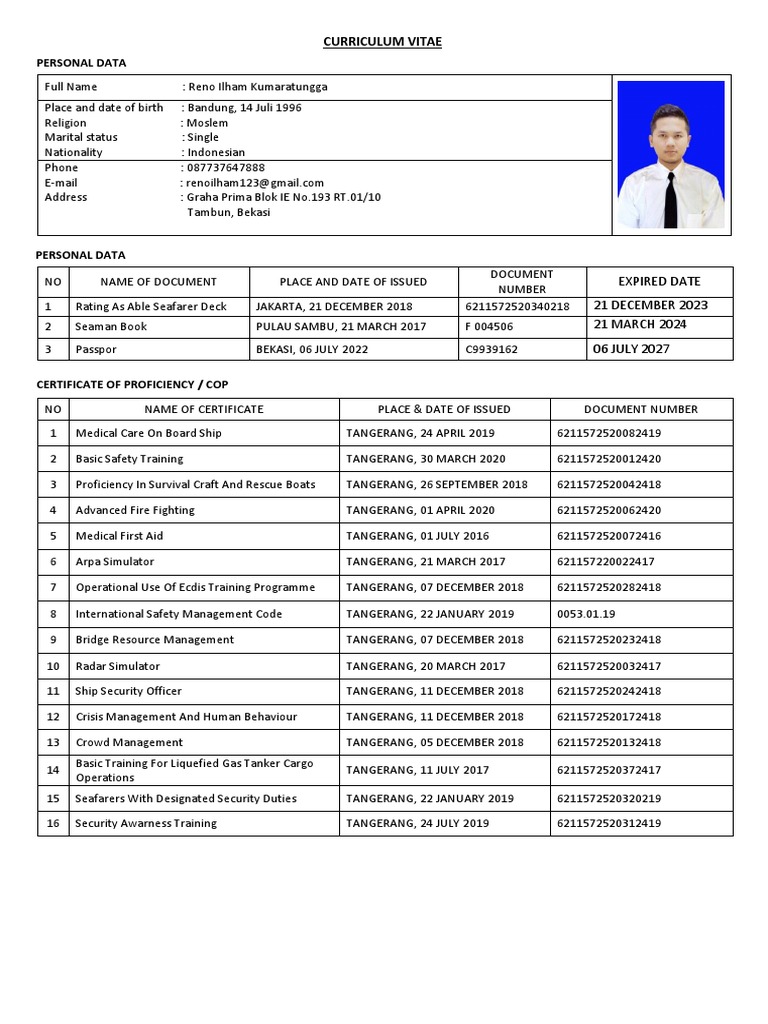CV Reno Container | PDF | Sailor | Shipping