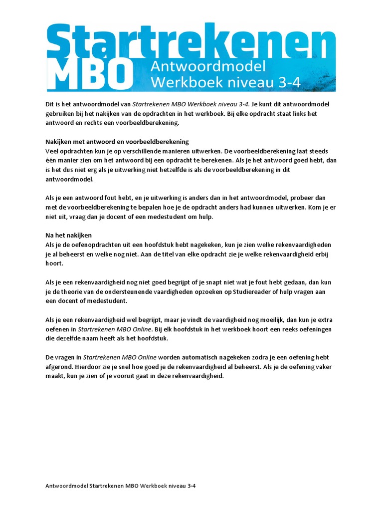 Niveau 3-4 Antwoordmodel Werkboek Startrekenen MBO | PDF