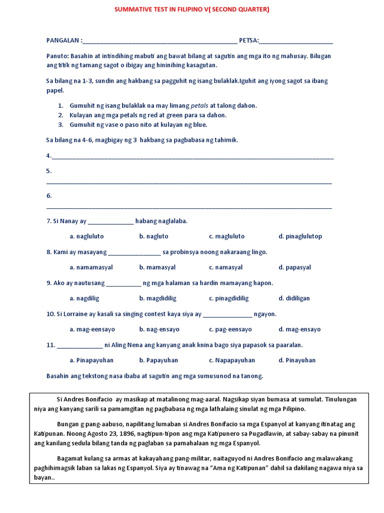 SUMMATIVE TEST IN FILIPINO V -1 | PDF
