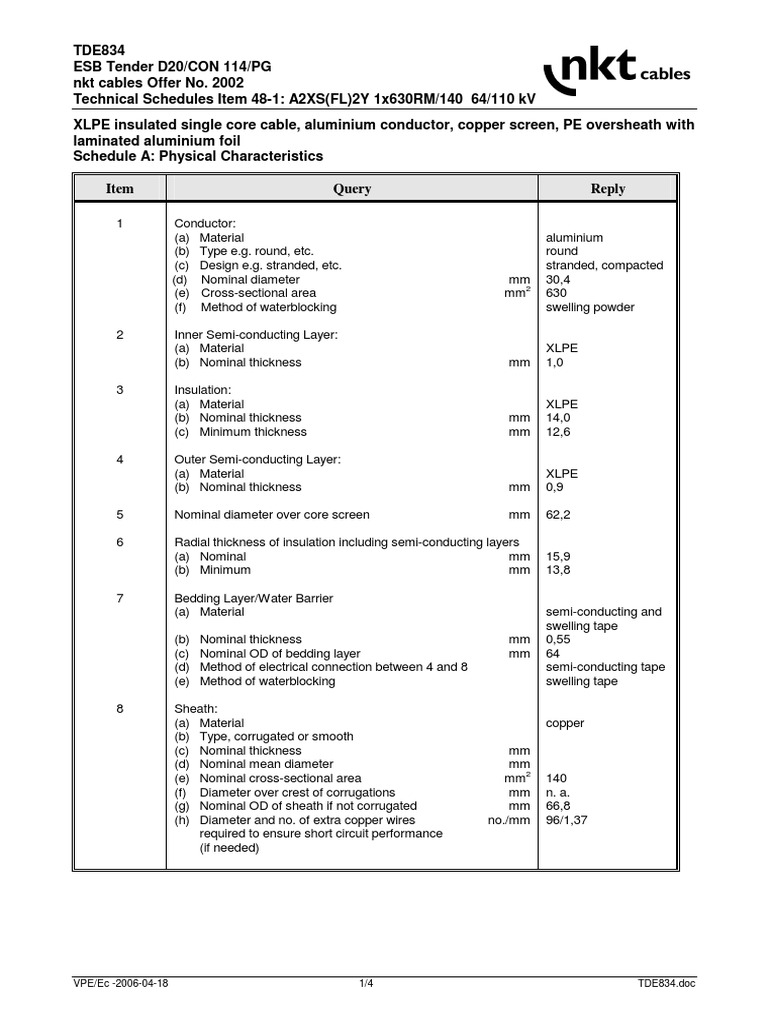 (62-110kV) NKT 1x630mm2 XLPE Al | PDF | Insulator (Electricity) | Electrical Conductor