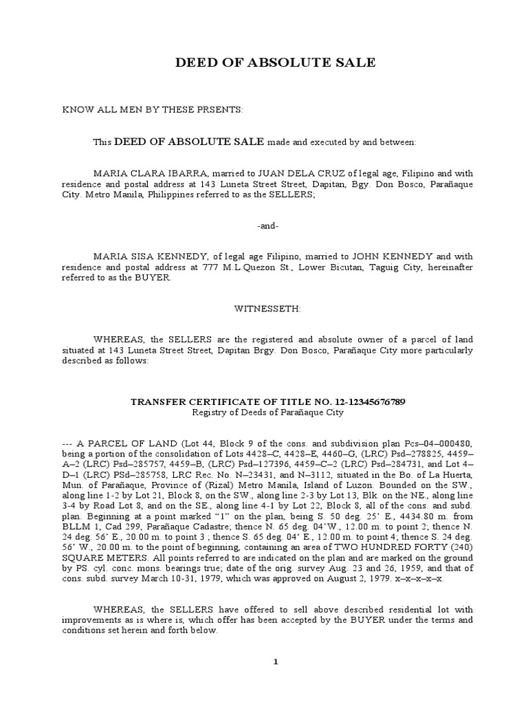 Deed of Absolute Sale Lot - Sample-1 | PDF | Metro Manila | Property