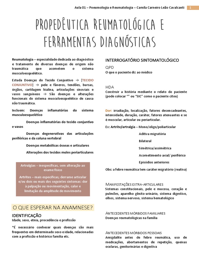 Aula 01 - Propedêutica Reumatológica e Ferramentas Diagnósticas | PDF ...