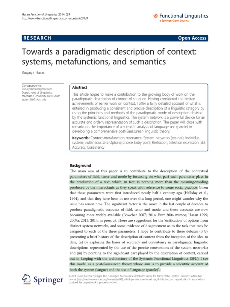 Hasan - 2014 - Towards A Paradigmatic Description of Context | PDF ...