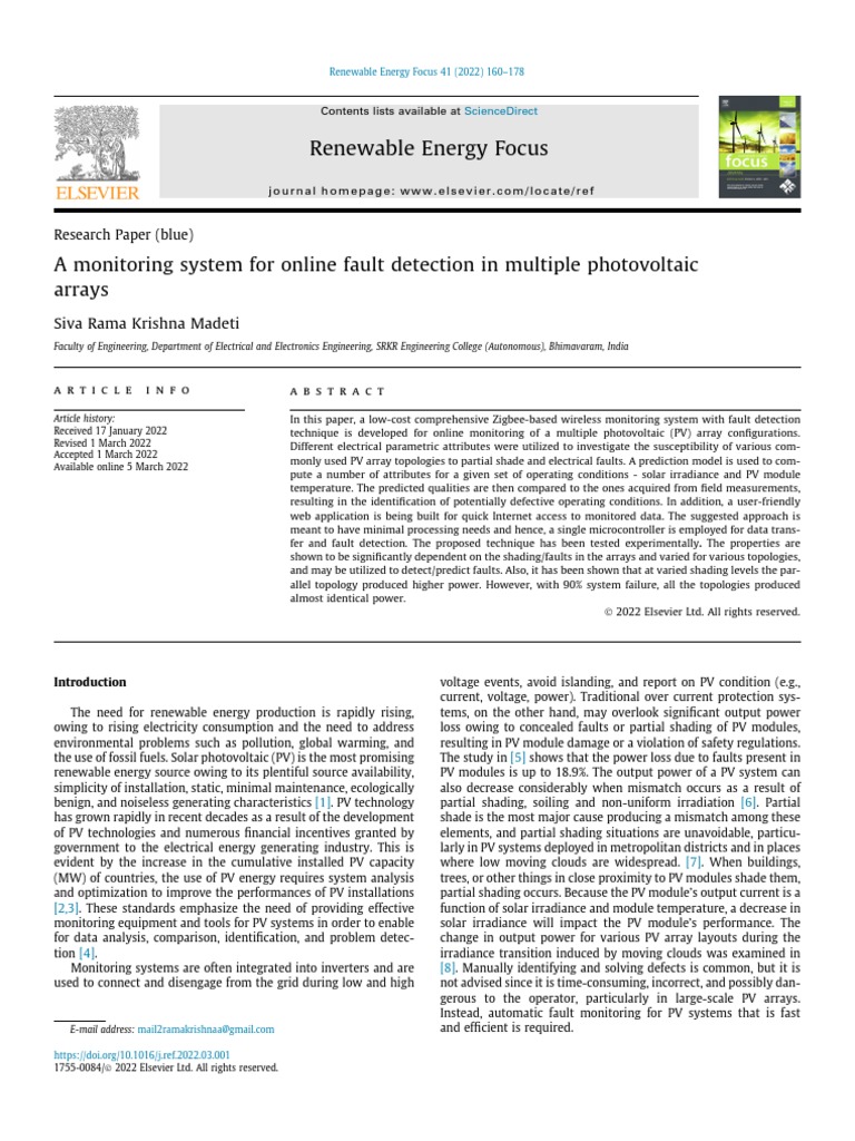 Fault Detection In Solar Pv Pdf Photovoltaics Photovoltaic System