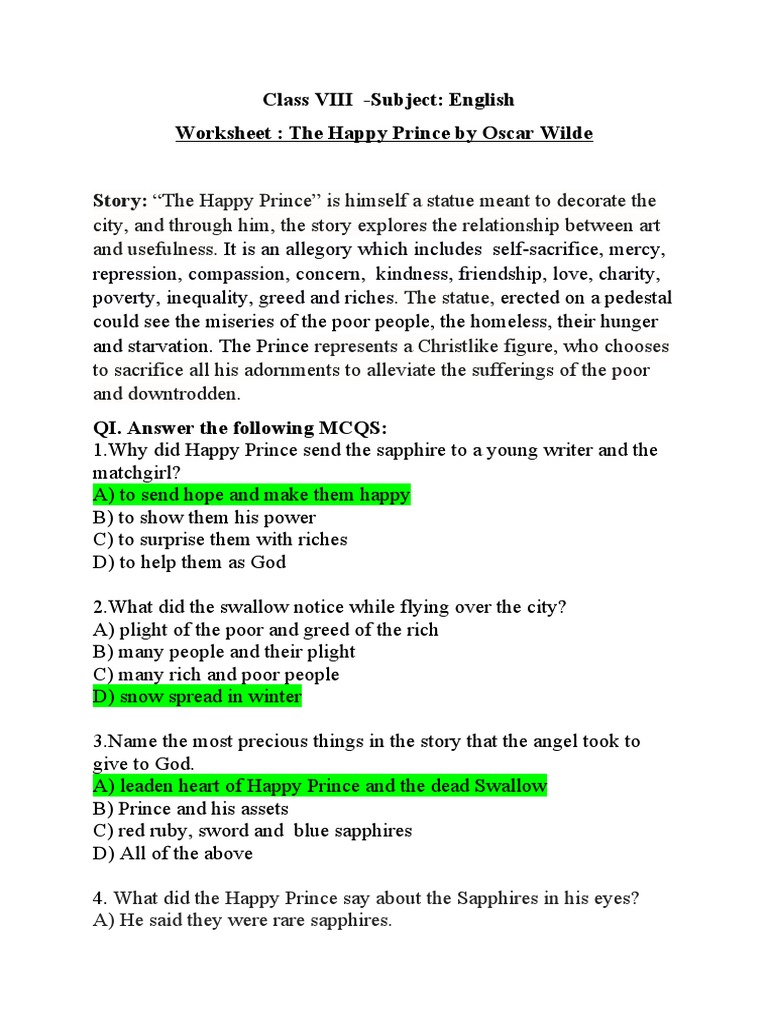 Happy Prince Class 8 Worksheet | PDF | The Happy Prince And Other Tales