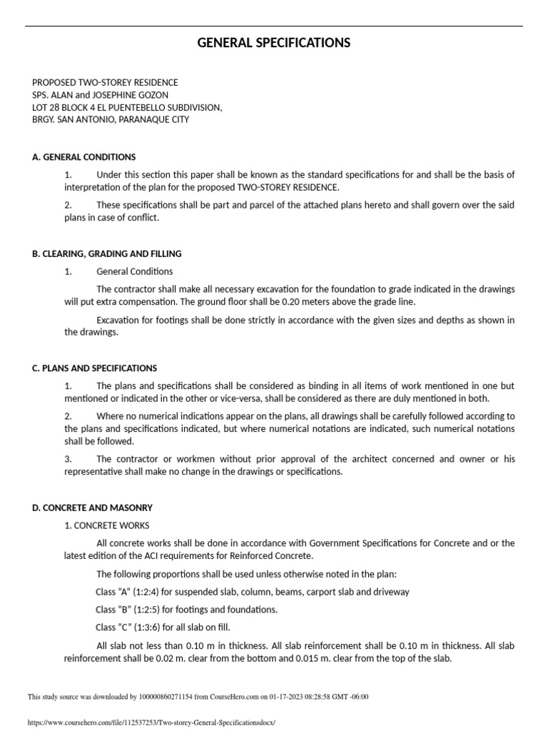 Two Storey General Specifications | PDF | Concrete | Door