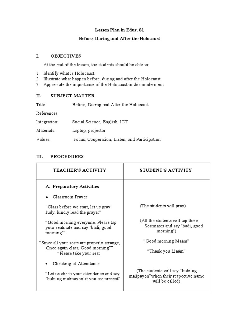 Lesson Plan in Automotive and Electricity | PDF | The Holocaust ...