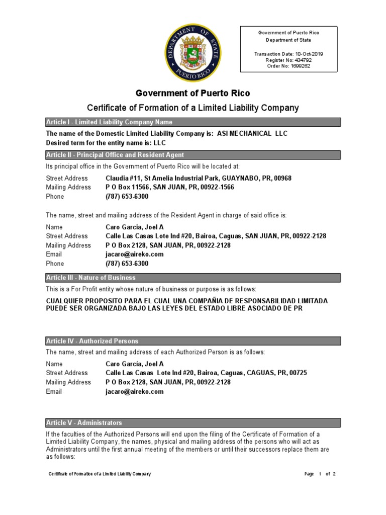 Certificate of Formation for ASI MECHANICAL LLC Establishing a Puerto ...
