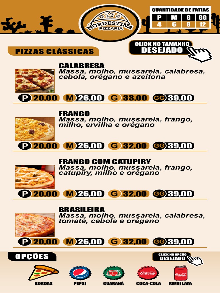 Pizzaria - Cardápio com opções de pizzas, petiscos e combos | PDF ...