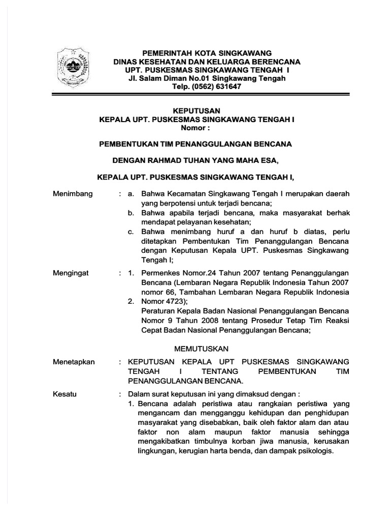 Contoh SK Tim Penanggulangan Bencana | PDF