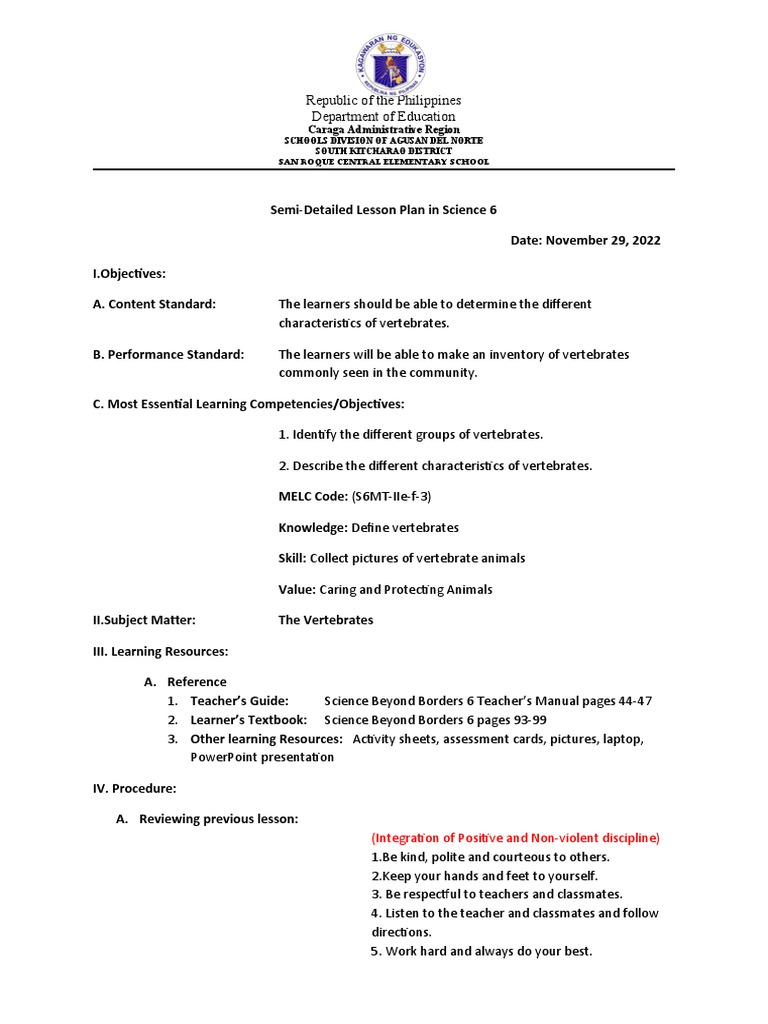 Vertebrates Characteristics Lesson Plan | PDF | Teachers | Learning