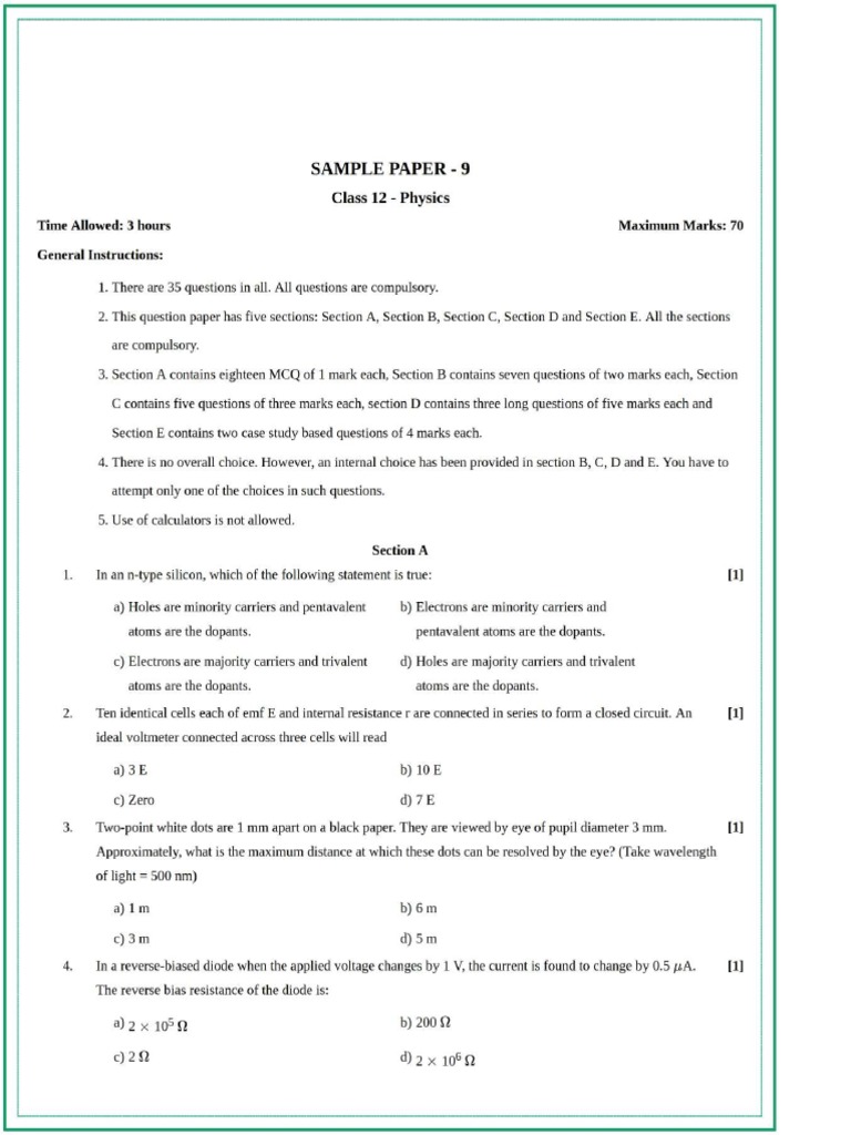 Physics Sample Paper - 9-1 | PDF