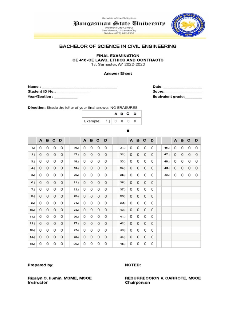 CE 416 Final Exam Answer Sheet | PDF | Educational Stages | Titles