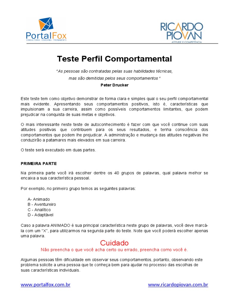 Teste Perfil Comportamental | PDF | Comportamento | Comentários