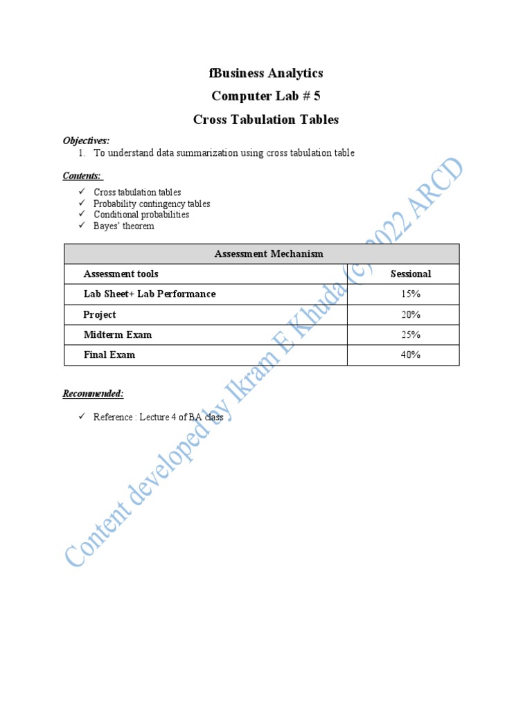 BA Computer Lab 5-Cross Tabulation Tables | PDF | Sampling (Statistics) | Statistical Theory