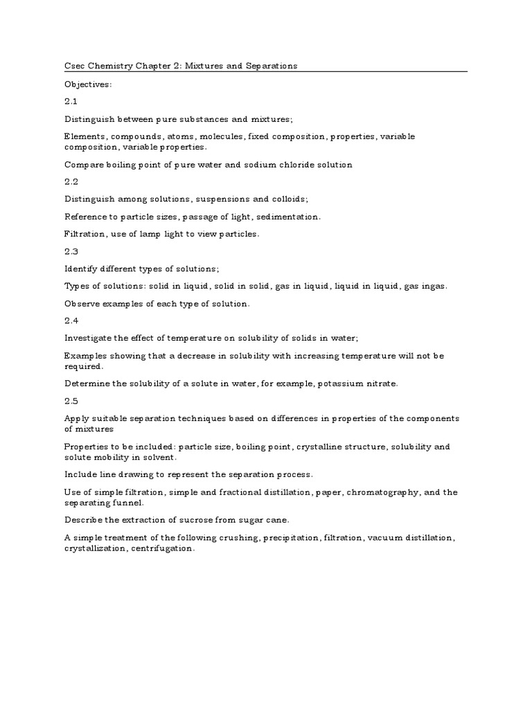 Csec Chemistry Chapter 2 - Separations and Mixtures | PDF | Mixture | Distillation