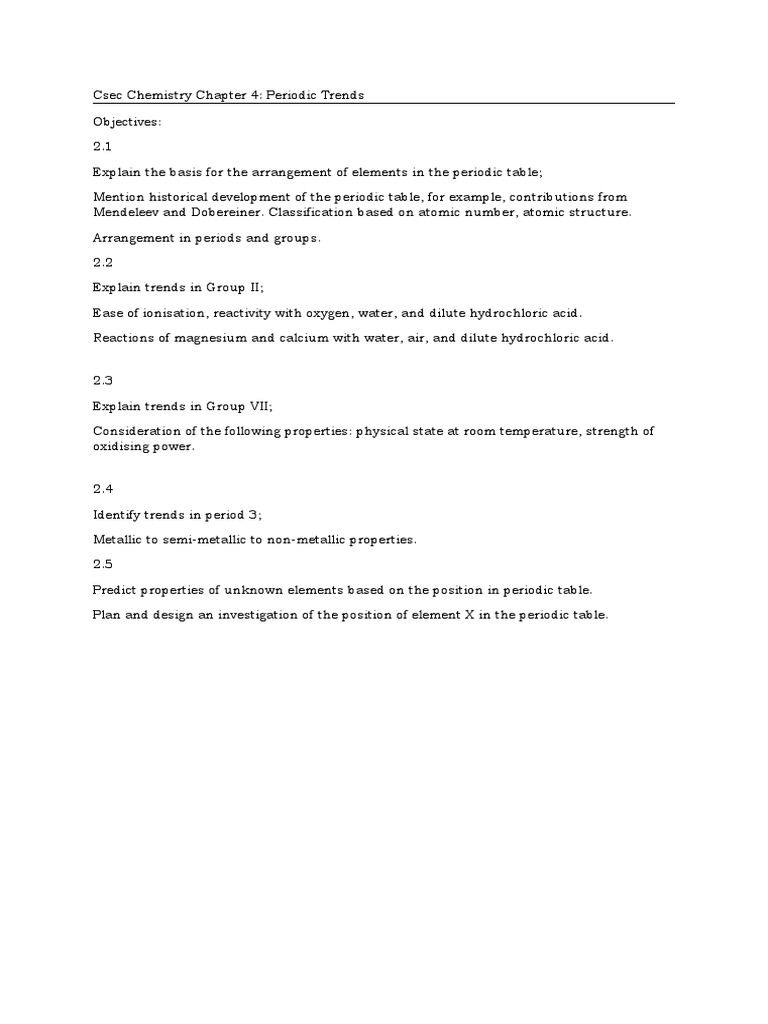 Csec Chemistry Chapter 4 - Periodic Table | PDF | Ion | Chlorine