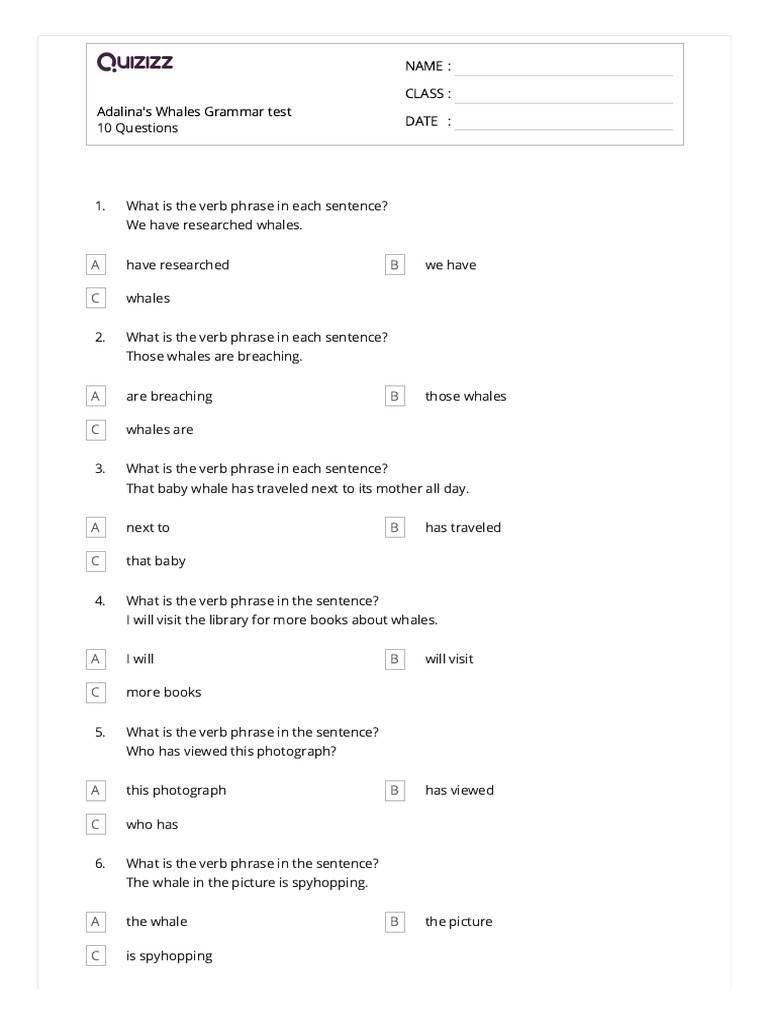 Adalina's Whales Grammar Test | PDF
