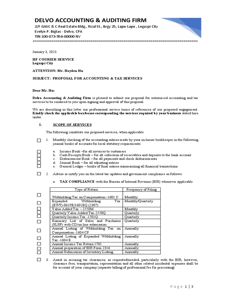 Proposal For Acctg & Tax Services - J & T | PDF | Taxes | Economies