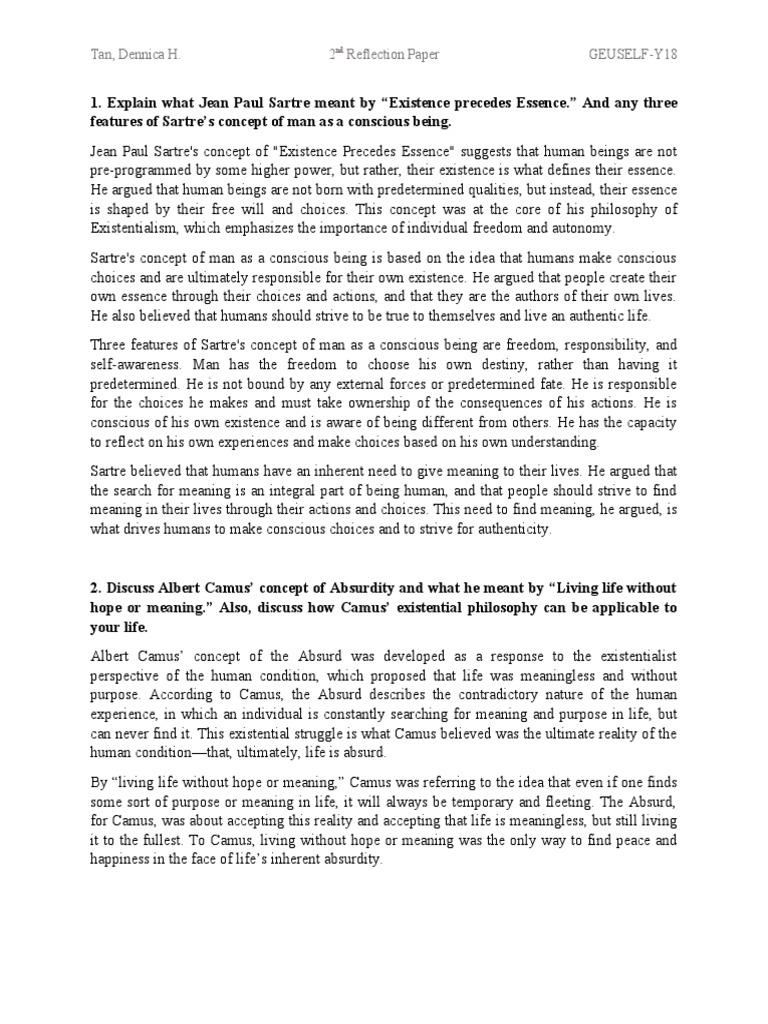 Reflection On Existence Precedes Essence | PDF | Existentialism | Free Will