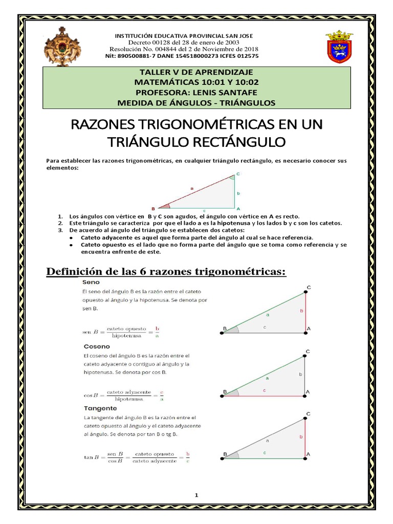 Razones trigonométricas en triángulos rectángulos y resolución de problemas asociados | PDF ...