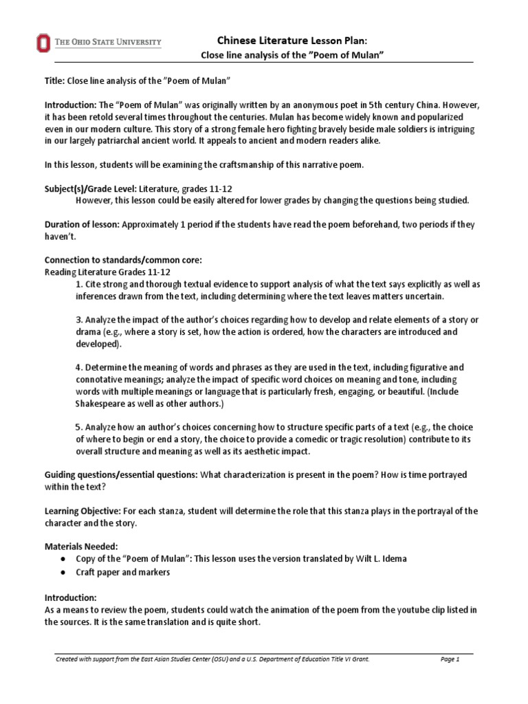 Closelineanalysis-Poem of Mulan-1mwyr77 | PDF | Poetry