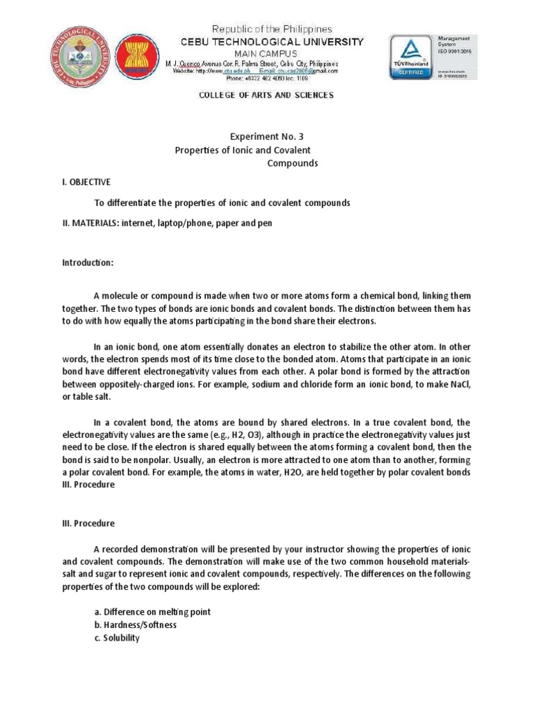 EXPERIMENT 3 - Properties of Ionic and Covalent Compounds | PDF