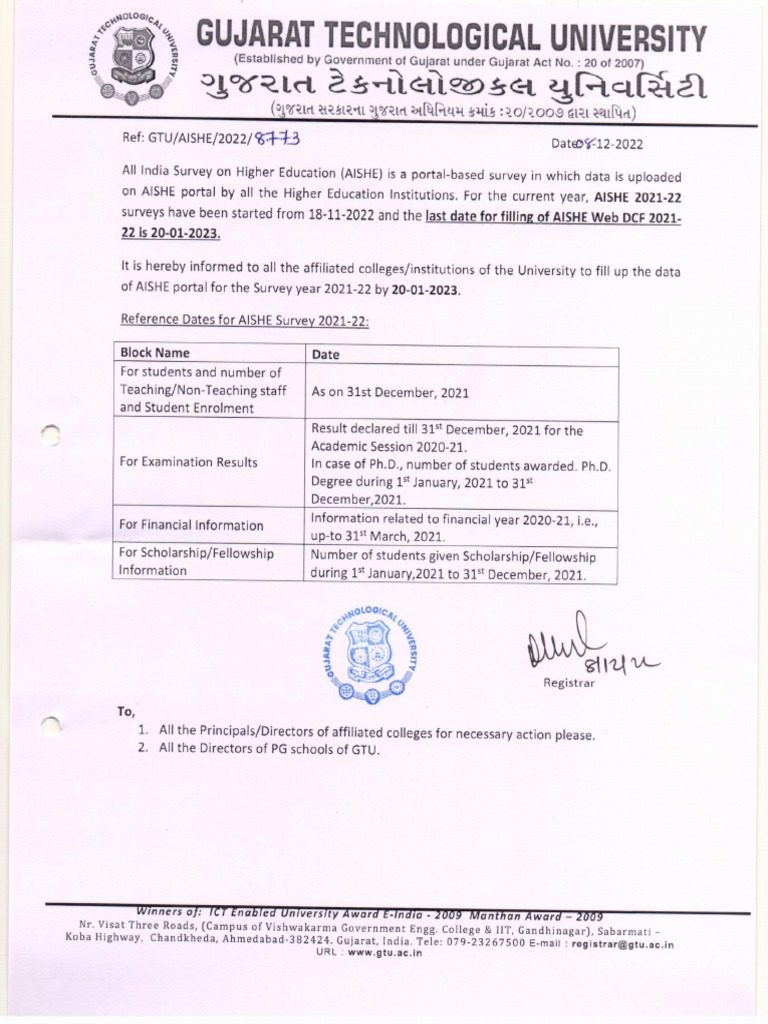Circular To Fill The Aishe S.Y - 2021-22 Data in The AISHE Portal ...