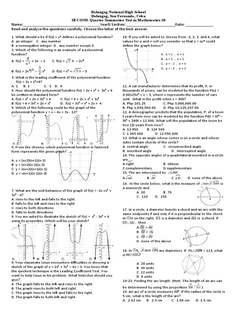 #2 Math 10 2ND Summative | PDF | Circle | Area