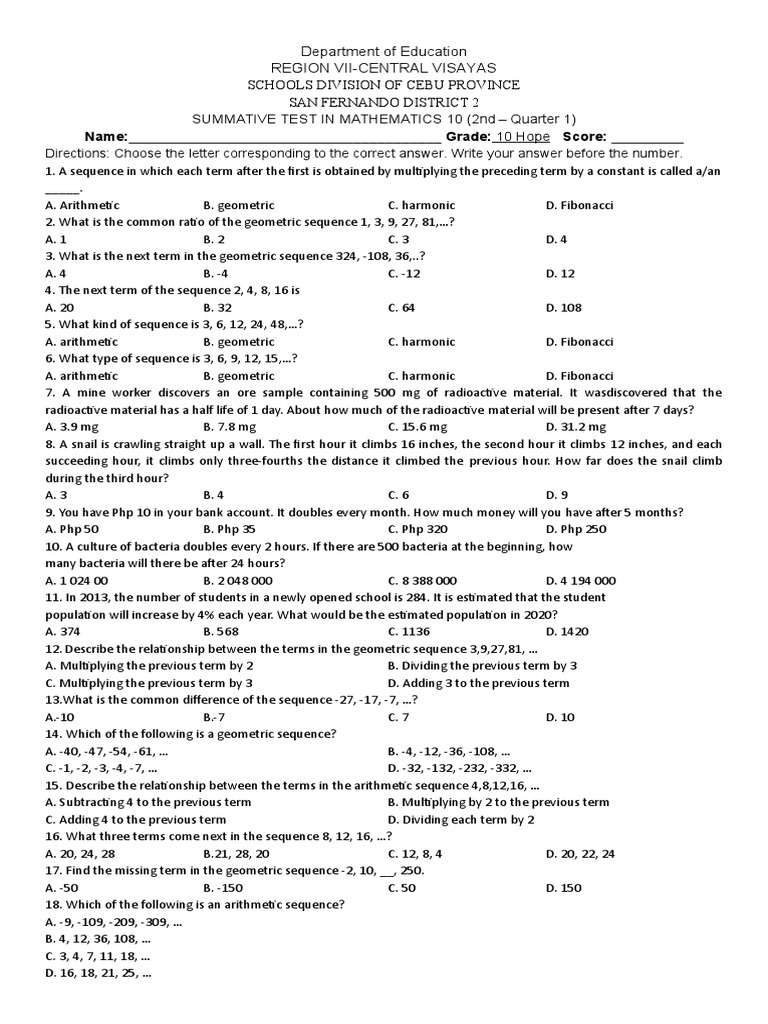 2ND SUMMATIVE Math 10 Q1 | PDF | Elementary Mathematics | Mathematical Concepts