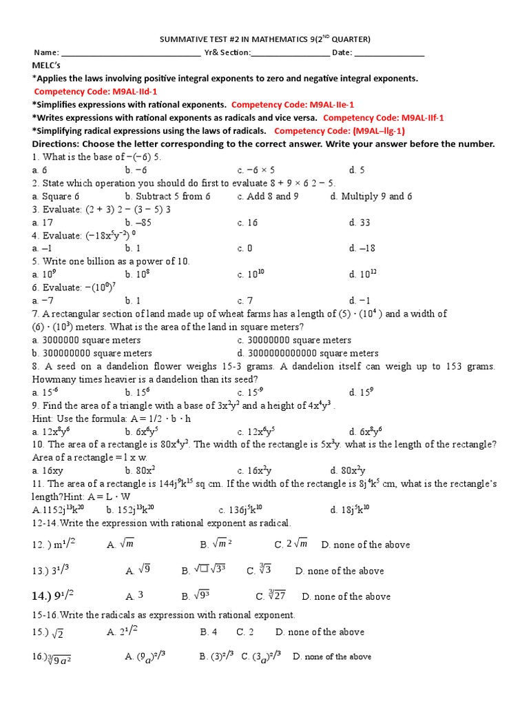 Grade 9 Math: Exponents Test 2 | PDF | Area | Abstract Algebra
